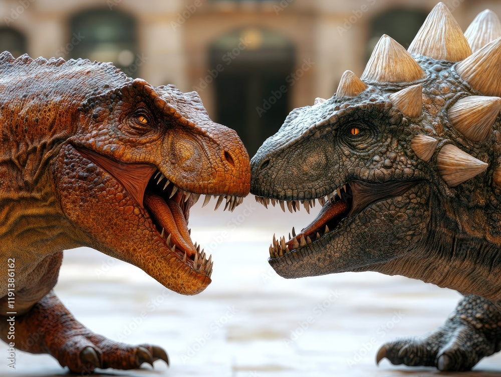 Dinosaur Showdown in Urban Setting T-Rex vs Spiked Dinosaur in ...