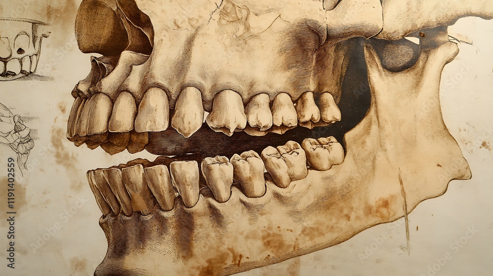 Anatomical diagram of the human jaw showing teeth roots and jawbone ...