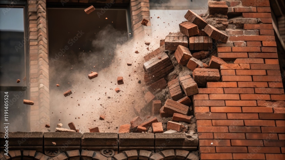 Structural Collapse A closeup of crumbling bricks cascading down from ...