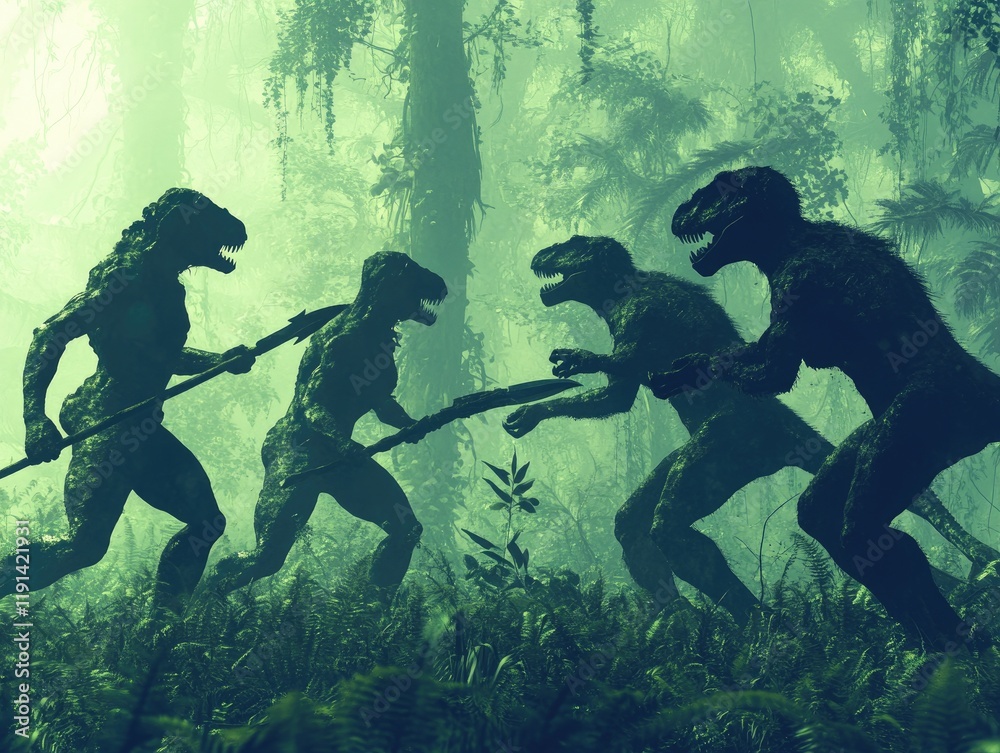 Prehistoric humans fighting dinosaurs in misty jungle; stock image ...