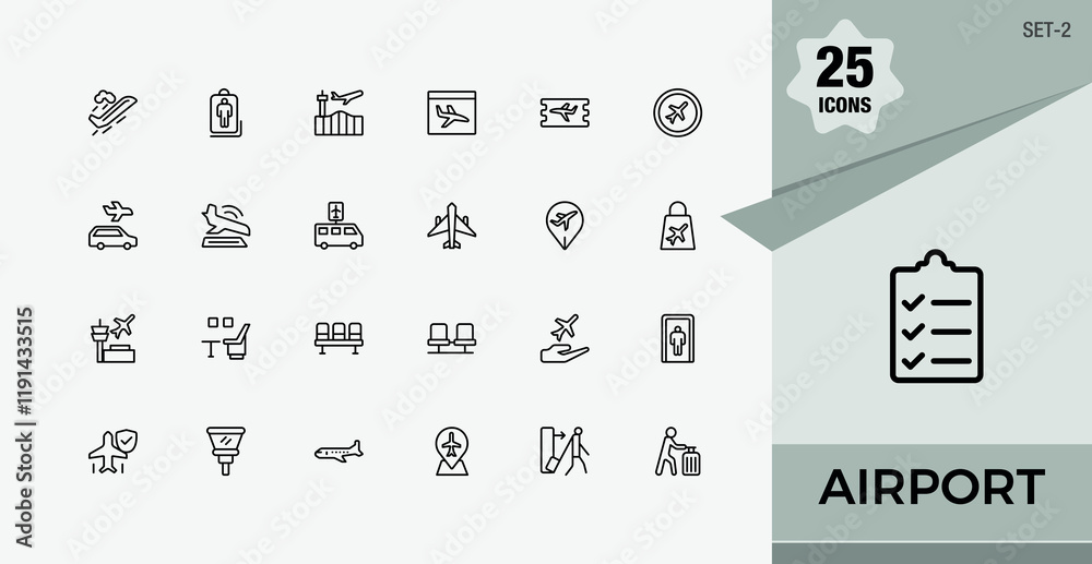Airport linear icon collection. Includes icons for find, departure ...