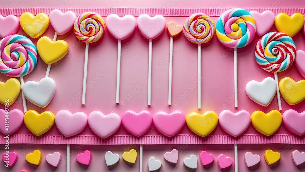 Valentines Day double border of candy hearts and lollipops. Top view on ...
