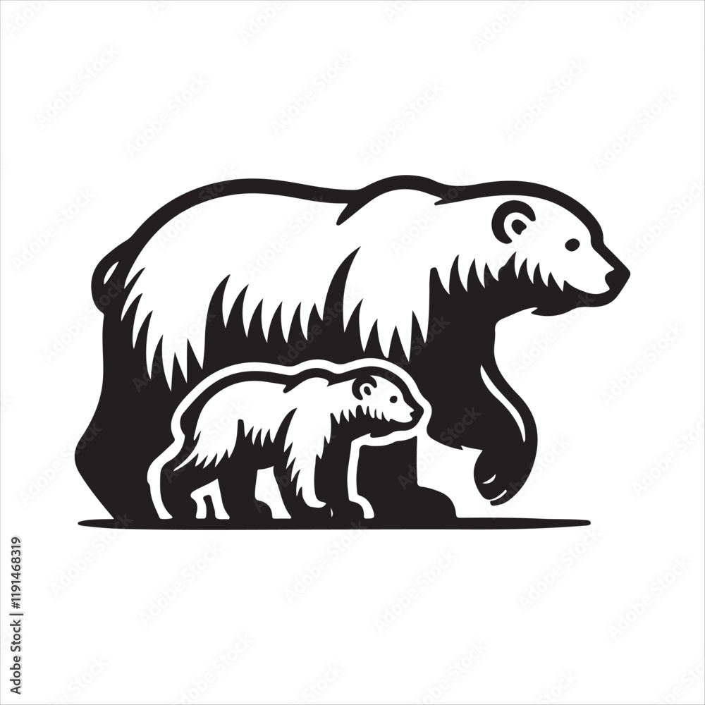 Polar bear with cub silhouette vector illustration clipart black color ...