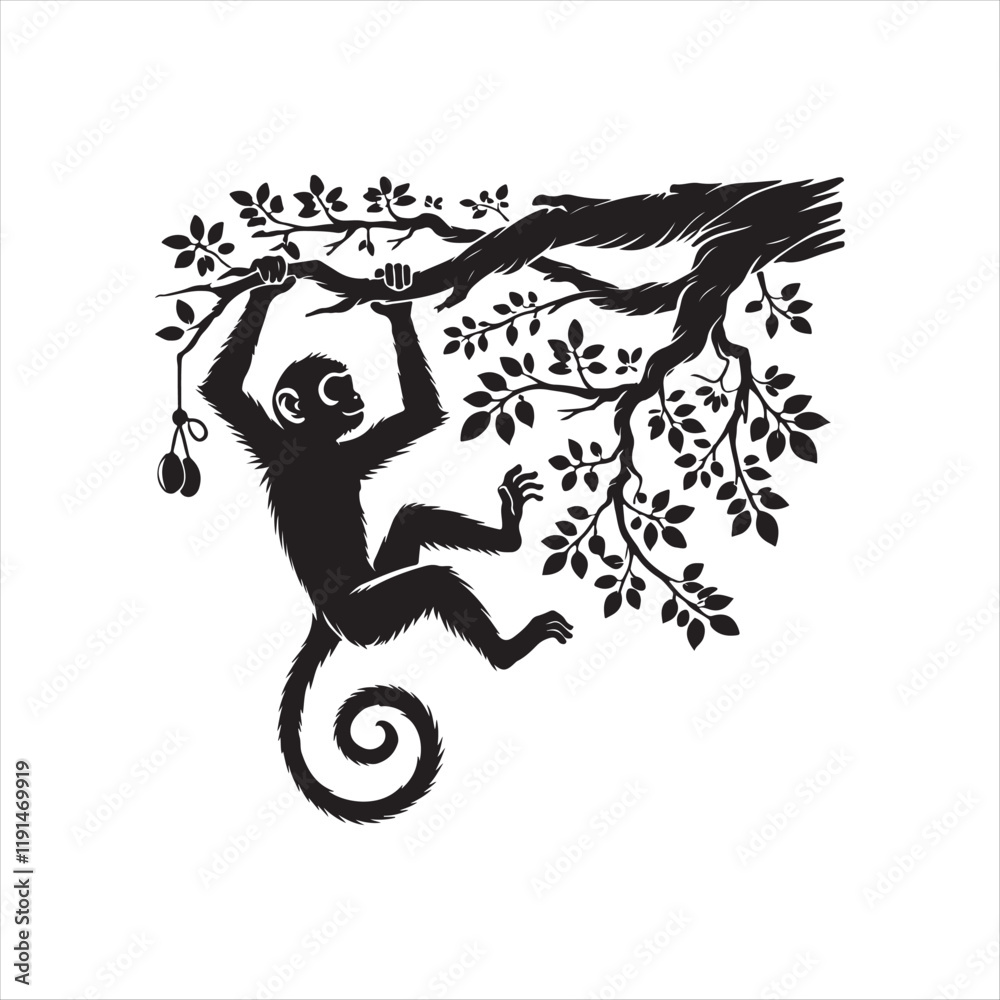 Monkey swinging from branch silhouette vector illustration clipart ...