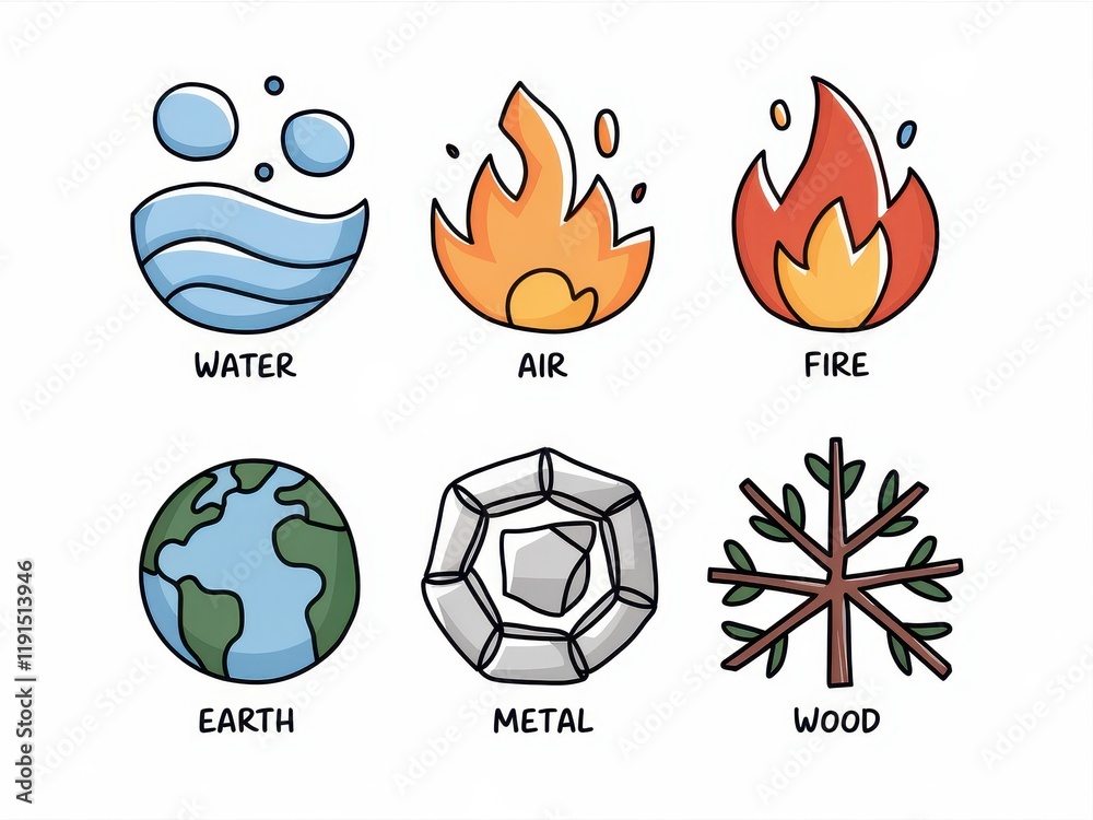 Cartoon Illustrations Depicting The Five Classical Elements Stock ...