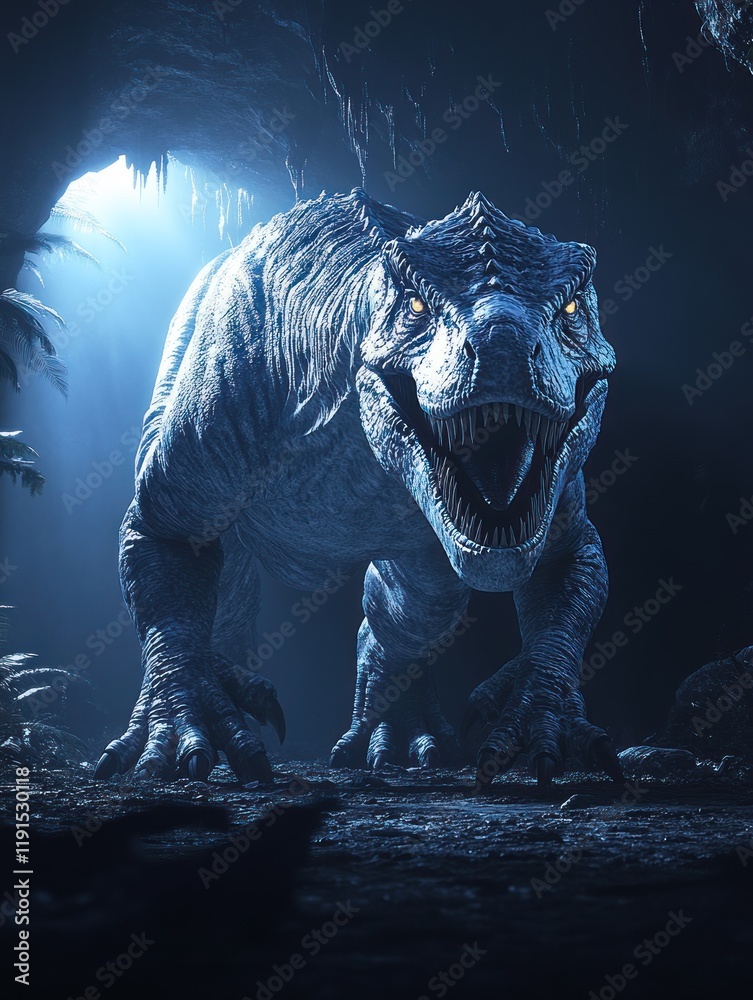 Prehistoric Cave Predator Giant dinosaur emerges from dark cave, jungle ...