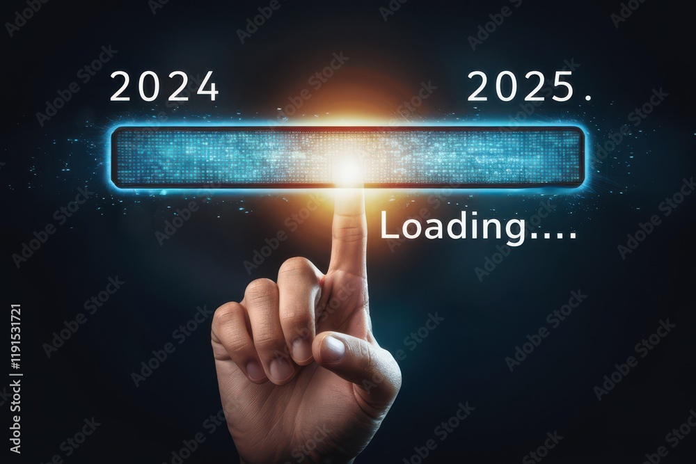 A person pointing to loading bar transitioning from 2024 to 2025 ...