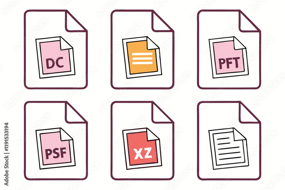 Simple file icons, minimalist design, colorful outlines, document types ...