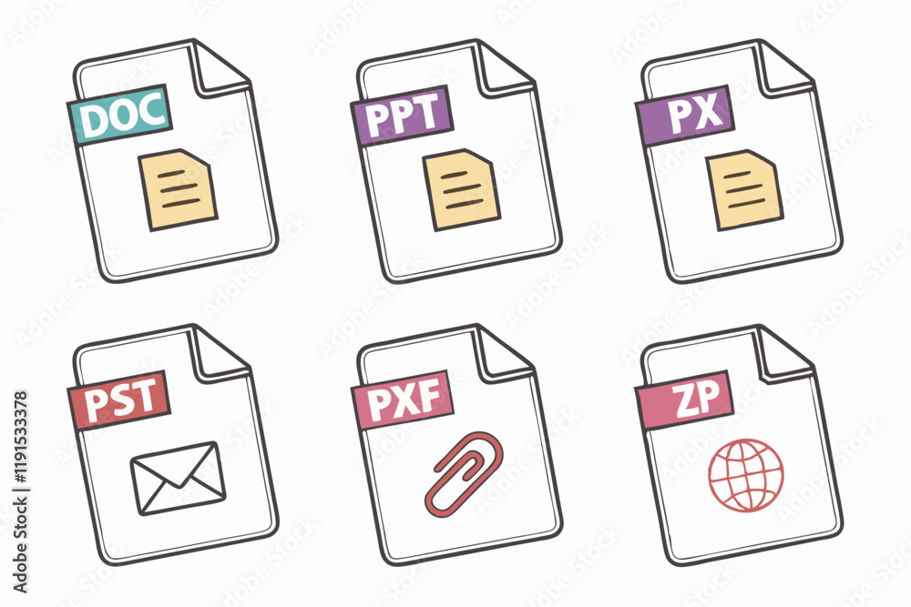 Simple file icons, minimalist design, colorful outlines, document types ...