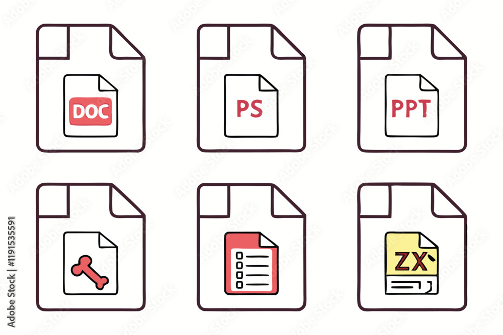Simple file icons, minimalist design, colorful outlines, document types ...