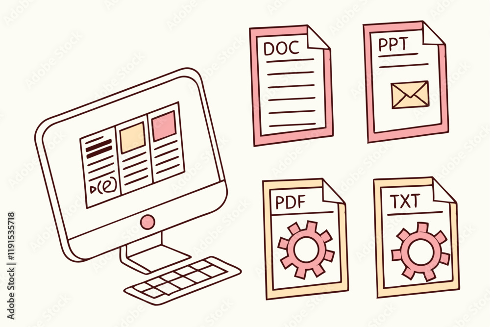 Simple file icons, minimalist design, colorful outlines, document types ...