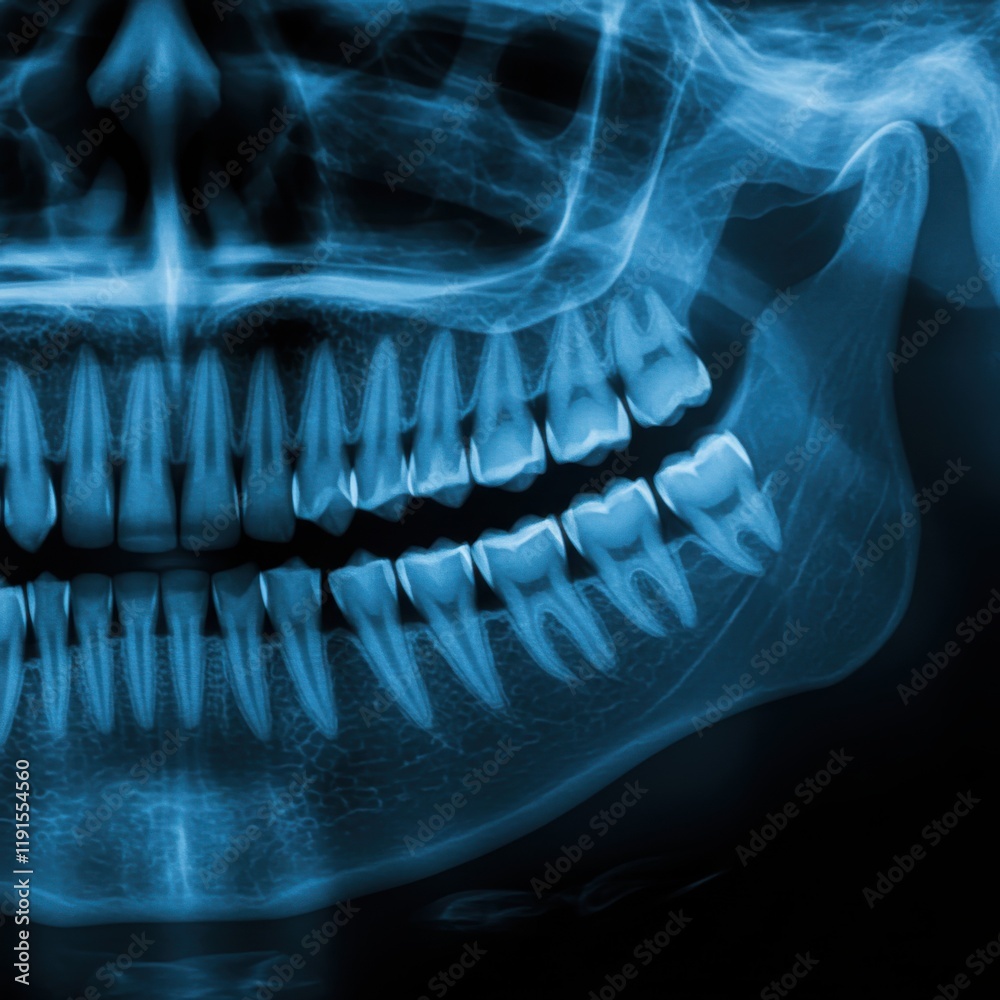 dental x-ray, panoramic view, human teeth and jaw, blue tinted ...