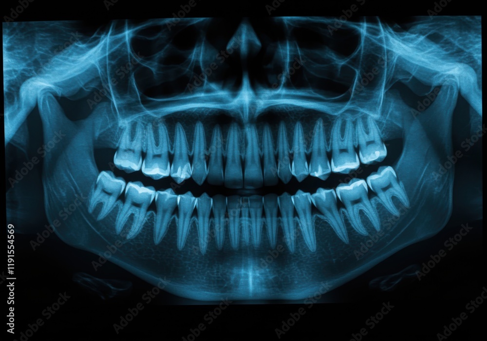 dental x-ray, panoramic view, human teeth and jaw, blue tinted ...