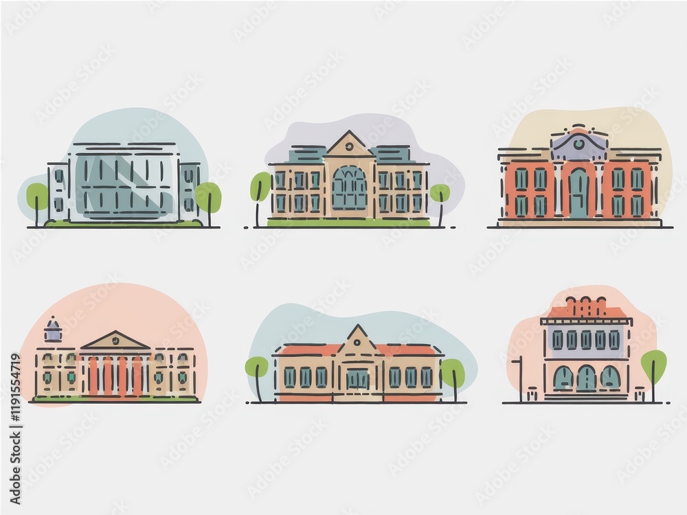 Six Different Architectural Styles of Buildings Illustrated Stock ...