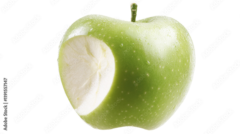 Green apple with a bite missing, highlighting its crisp texture and ...