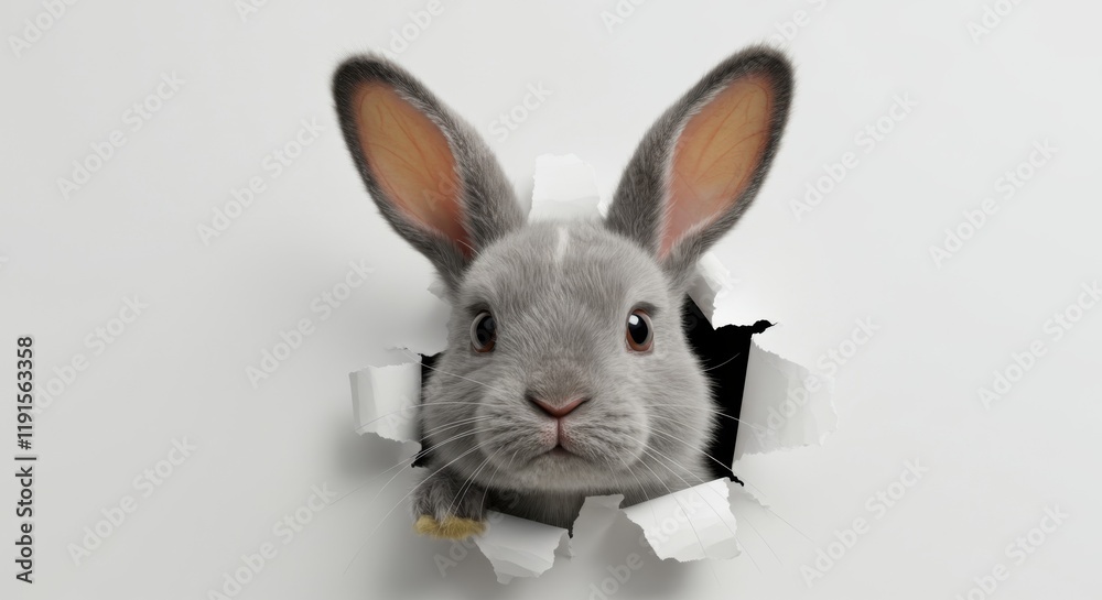 Realistic rabbit portrait, paper breakthrough effect, curious bunny ...