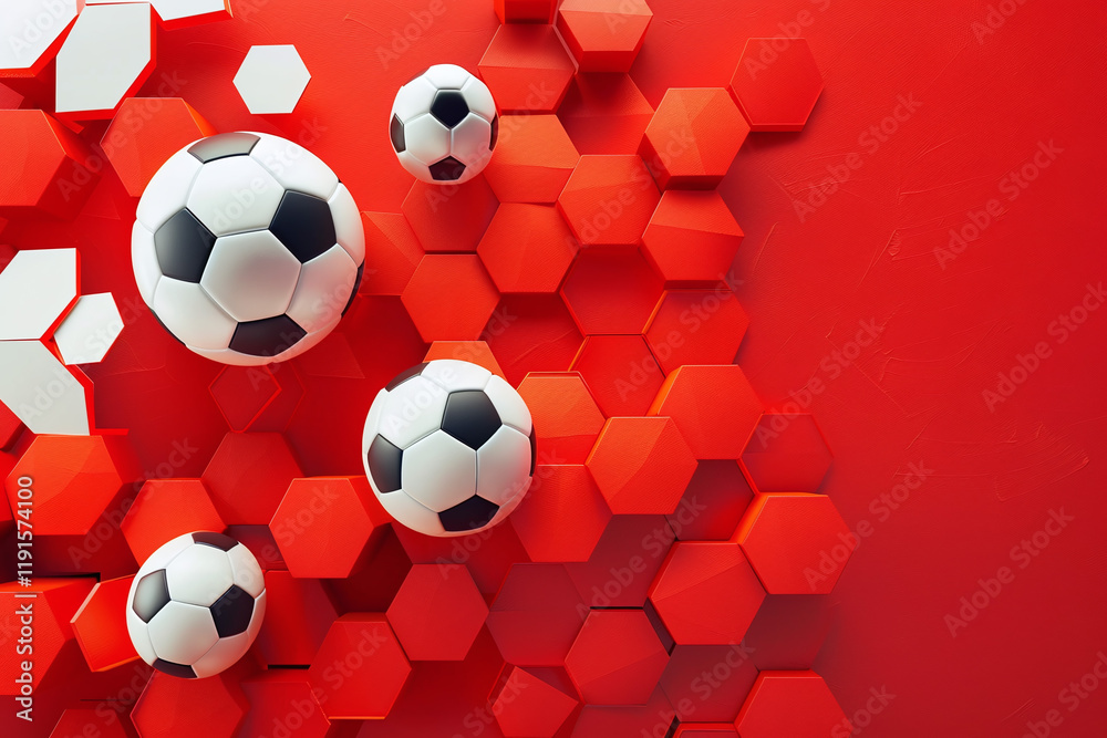 Abstract Red Background with Soccer Balls and Hexagonal Shapes for a ...