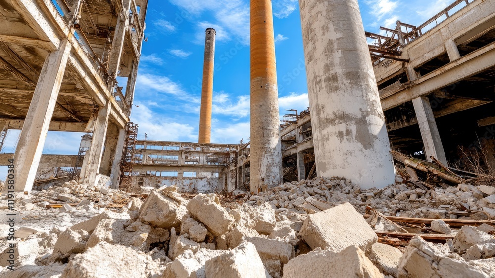 Abandoned industrial site with rubble, towering chimneys, and clear sky ...