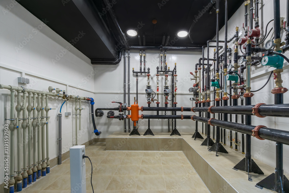 An industrial water supply system with complex piping, switches and ...