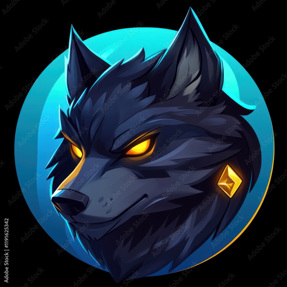 Black wolf avatar, glowing eyes, game icon, digital art, blue ...