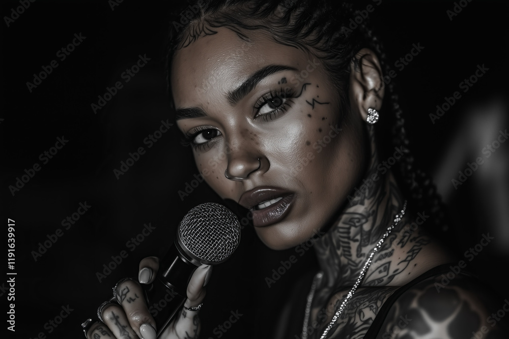 Female hip hop artist performs passionately while rapping into a ...