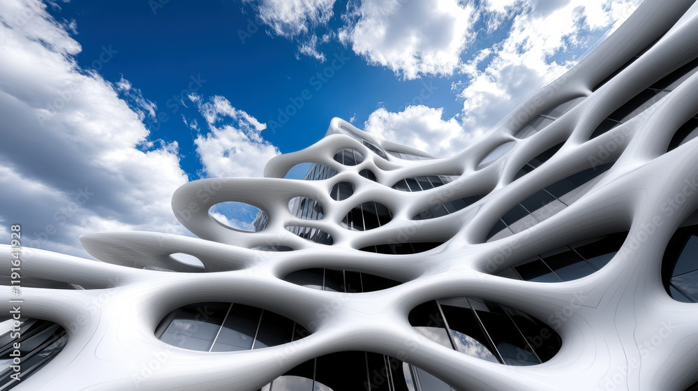 White concrete facade with fluid parametric contours, capturing a sense ...
