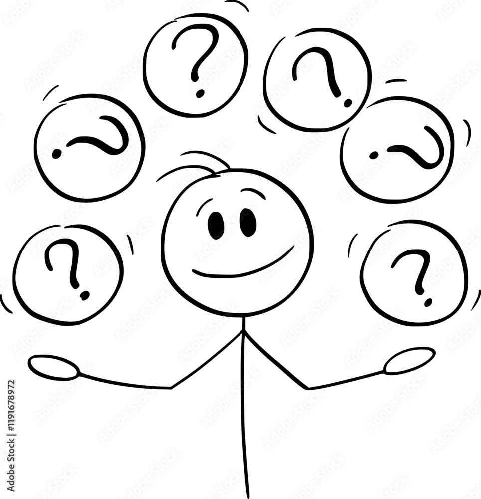 Person juggling with question marks showing problem that needs solution ...