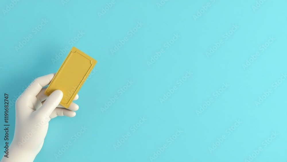 Digital Wallet. Yellow credit card in white hand holding with blue bac ...