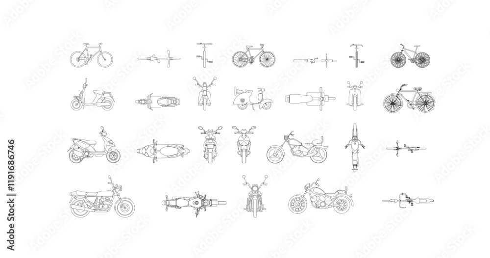 Vector illustration of vehicle drawings. side, front top views. Bike ...