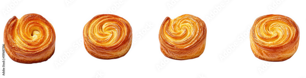 four beautifully baked pastries. each showcasing a delicate spiral ...