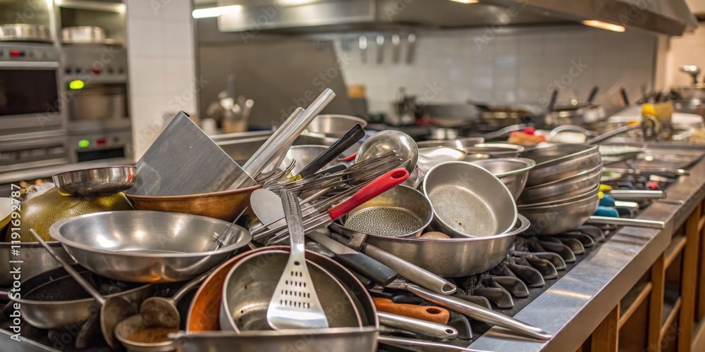 Busy kitchen with piles of dirty dishes and utensils after a service ...