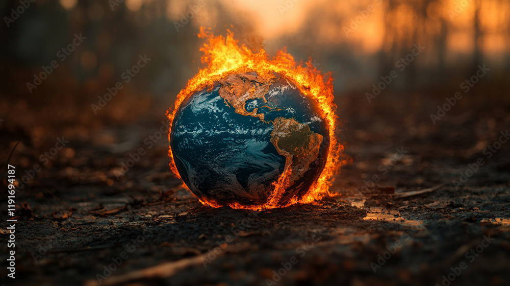 A 3D Planet Earth globe burning, symbolizing destruction by fire, conceptual illustration of ...