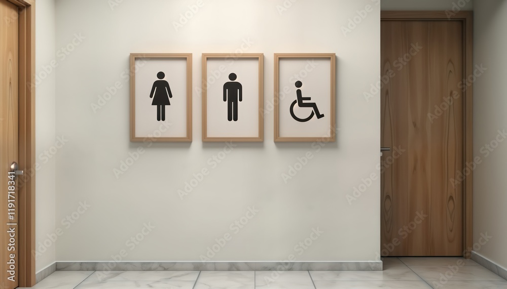 Interior washroom displaying accessible restroom signage. Male, female ...