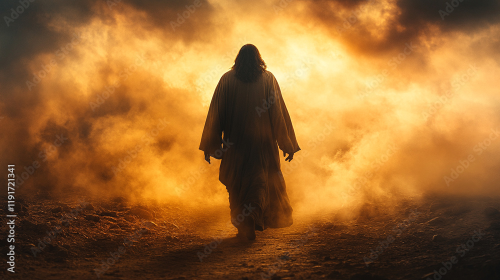 Back view of silhouette of Jesus Christ walking alone on an ancient ...