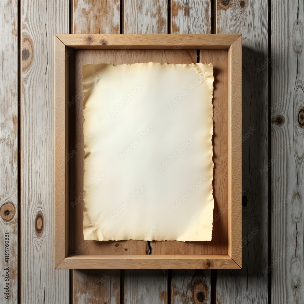 Aged parchment paper sits inside wooden frame. Rustic wooden background ...