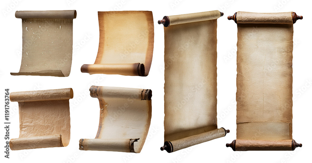Variety of ancient scrolls with different textures isolated on ...