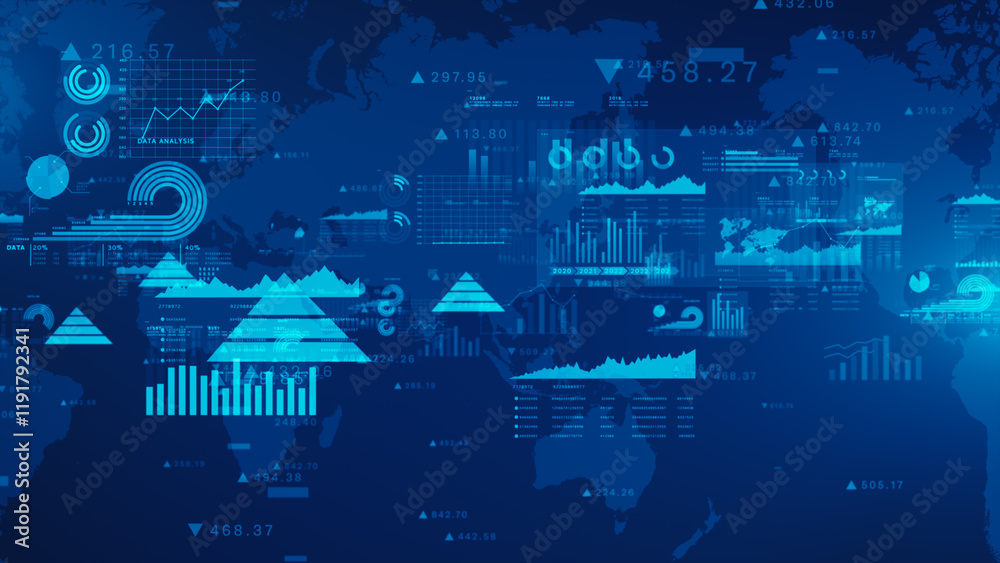 Blue digital interface with global data analysis charts, graphs, and infographics, featuring ...