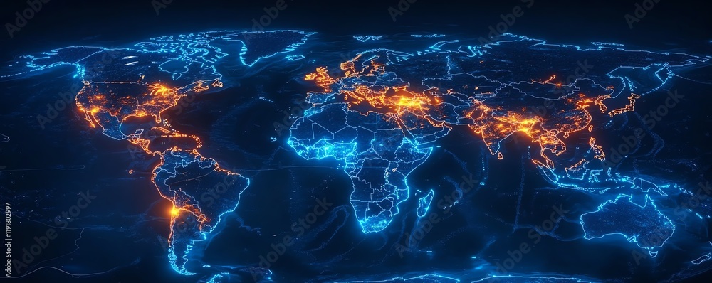 Glowing circuit world map, data transfer and global connectivity ...