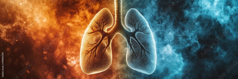 Realistic lungs depicted in a polluted environment with smog and dust ...