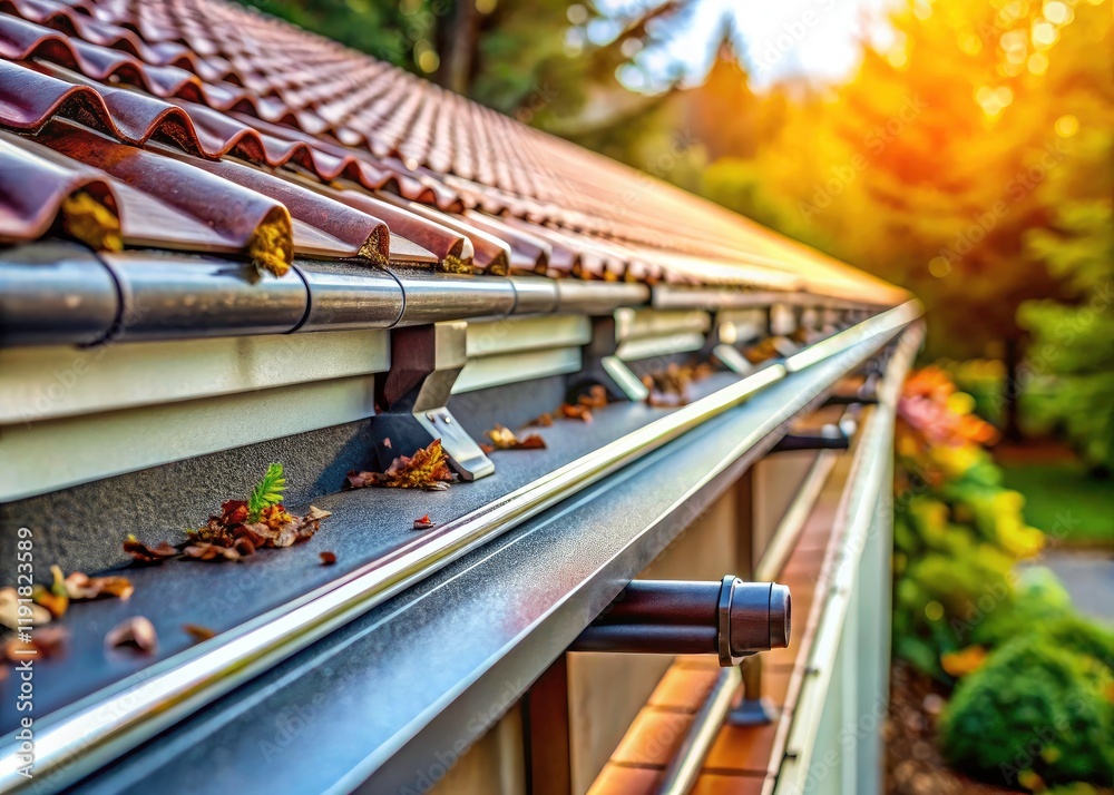 Rooftop Gutter Cleaning, Closeup Gutter Repair, Damaged Gutter ...