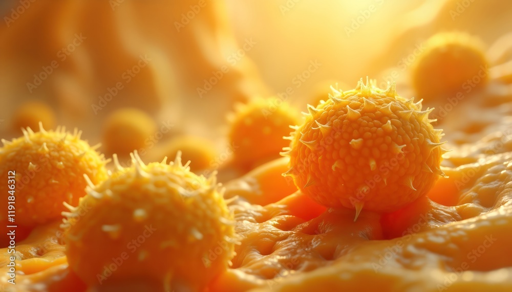 Close-up view of adipocytes. Microscopic image of fat cells. Yellow ...
