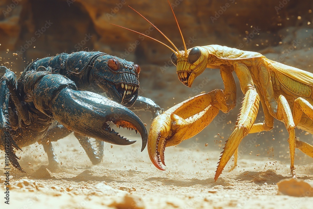 Giant scorpion and mantis battle; desert dust flies. Stock Illustration ...