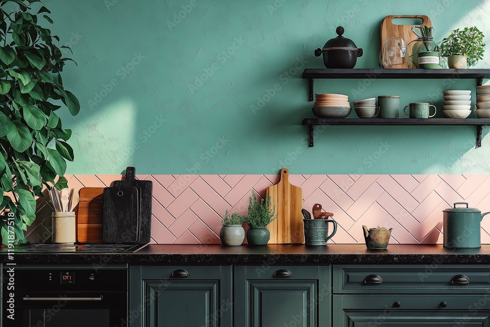 Dusty green kitchen cabinets with black countertop and shelf. Coral ...