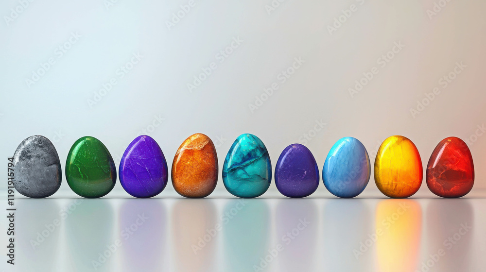 Rainbow Gemstone Eggs: A vibrant row of gemstone eggs in a spectrum of ...