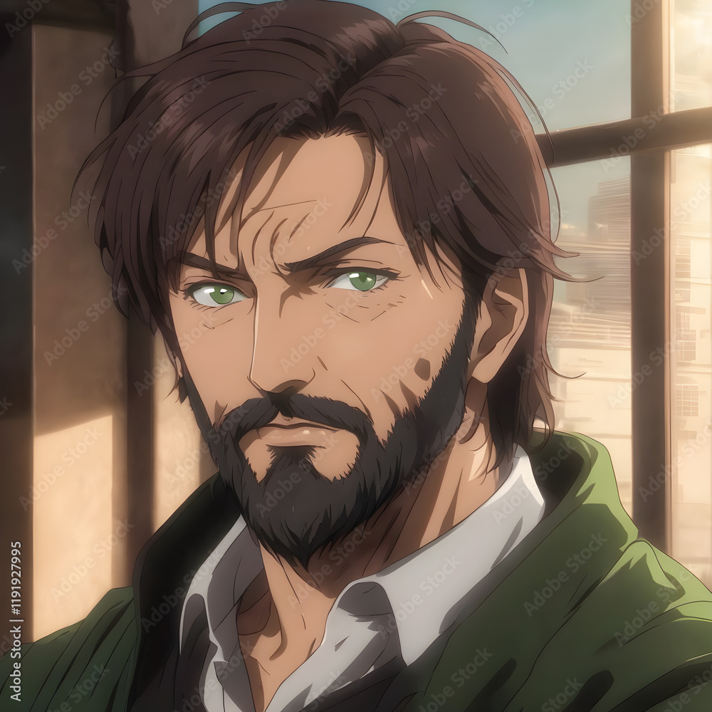 Un hombre de mediana edad, ojos verdes, estilo manga y una actitud un ...