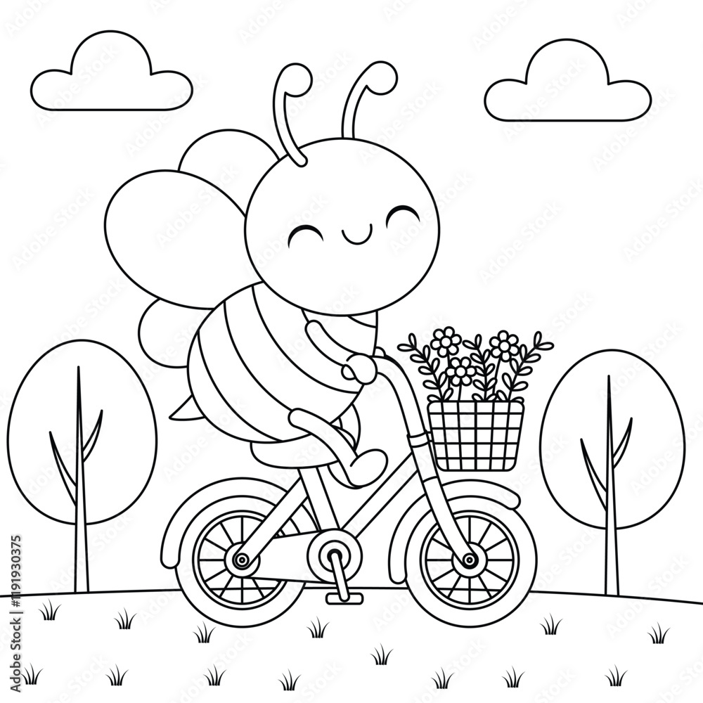 Cute kawaii cartoon character bee ride a bike coloring page for kids ...