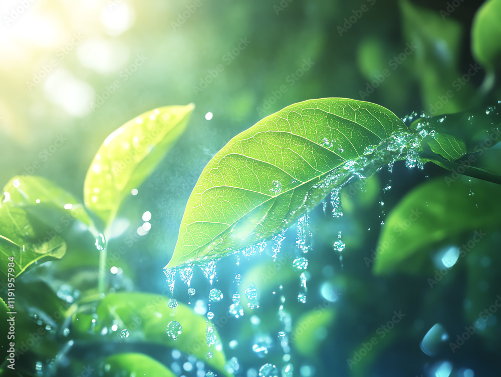 A glowing diagram showing the evaporation process during natural transpiration, water molecules ...