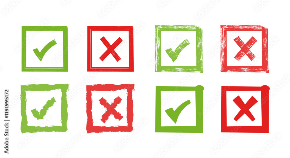 Green check mark and red cross mark icon set. Isolated tick and cross symbols for checklist ...