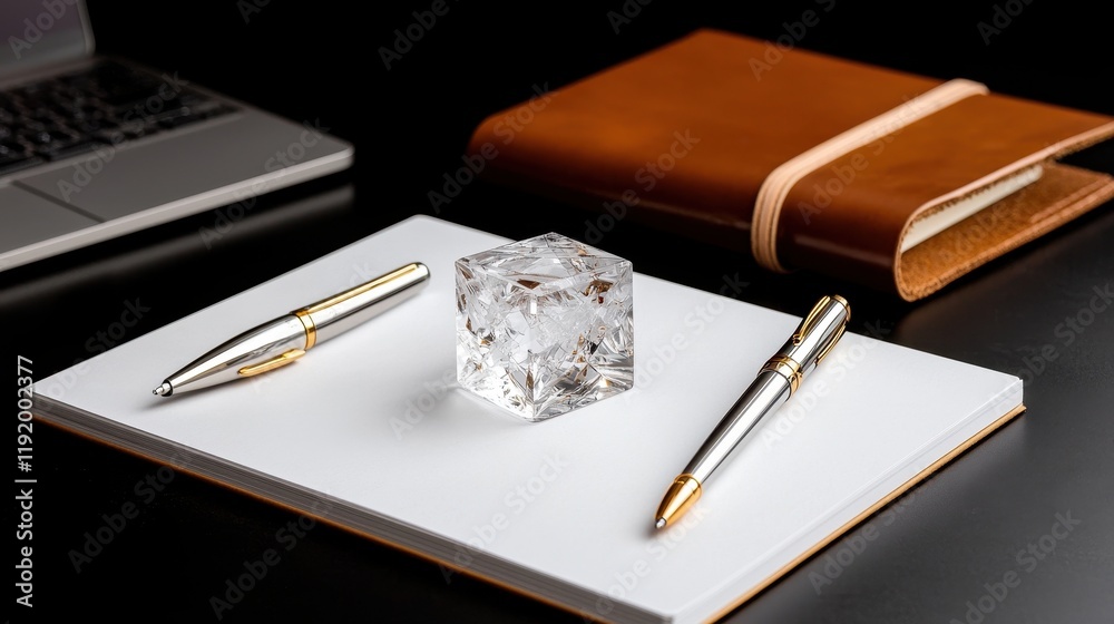 Elegant workspace with a crystal ice cube and luxury pens on a ...