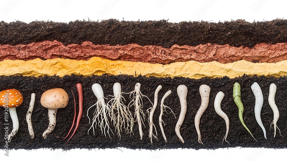 soil layers: roots, worms & fungi cross section - educational content ...